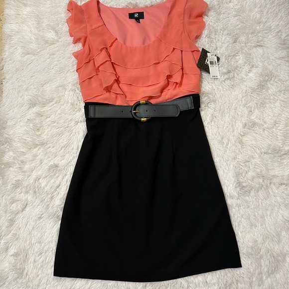 Iz Byer | Dresses | Iz Byer Layered Ruffled Belted Peach Black Sheath ...
